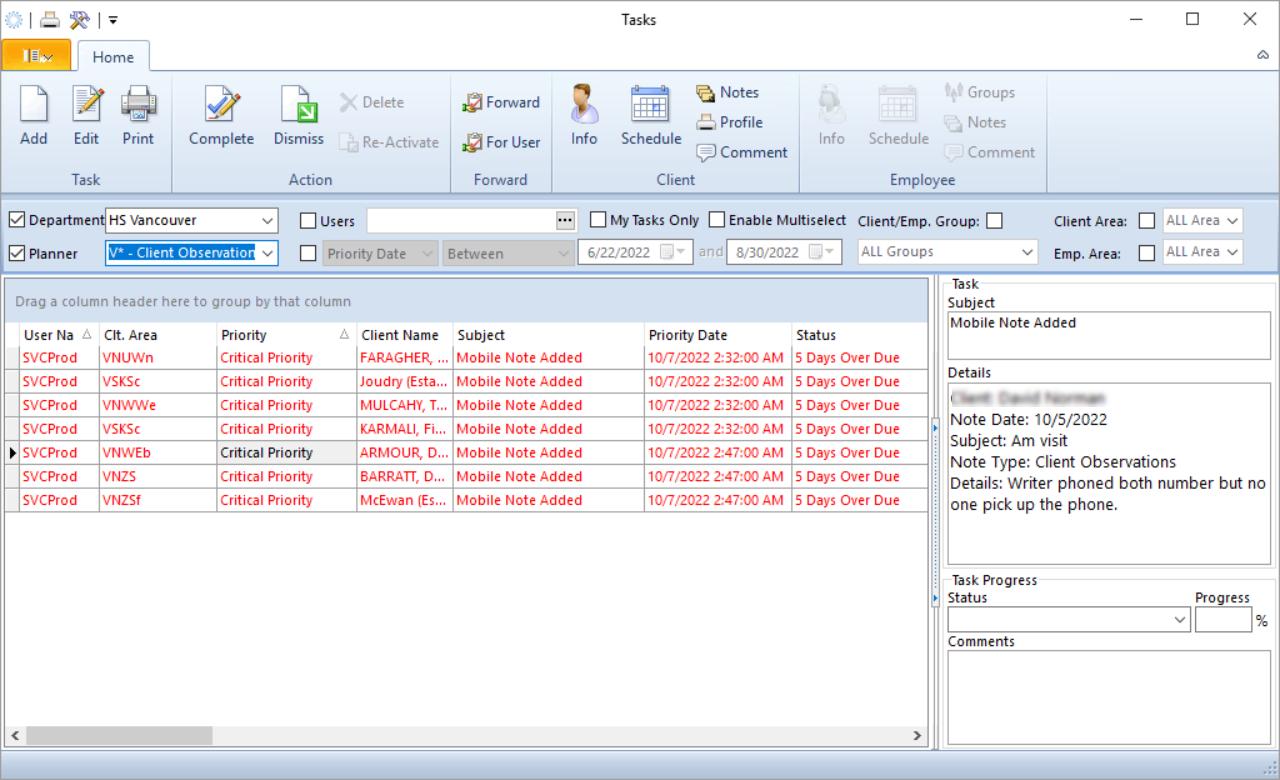 Managing Client Observations Note Tasks – VCH Procura Help