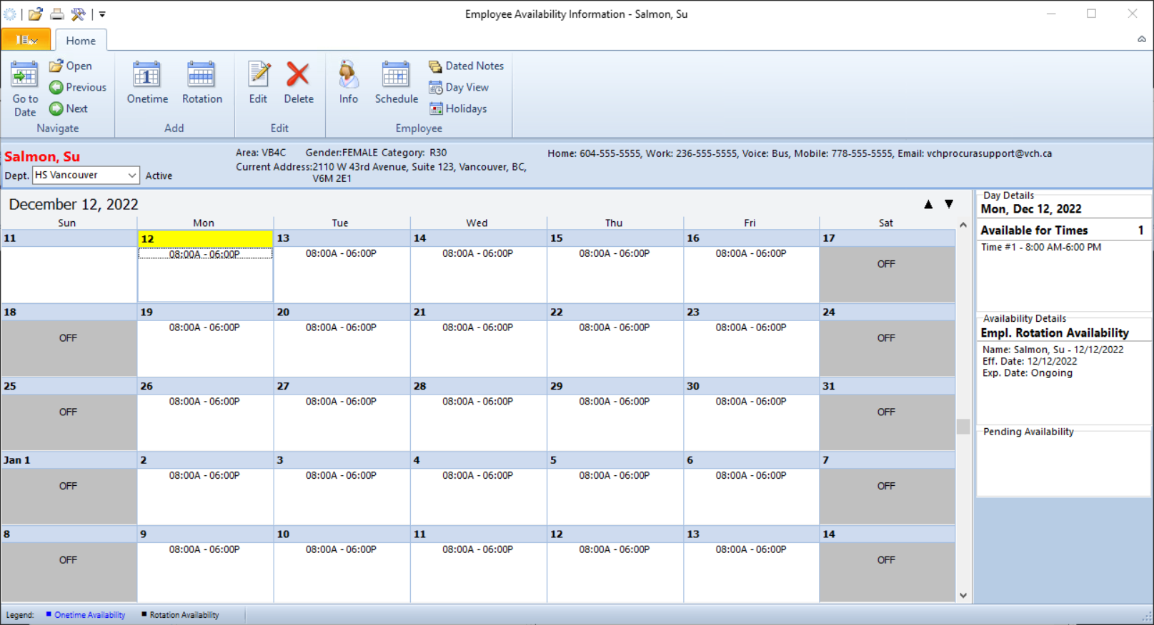 Enter Employee Availability – VCH Procura Help