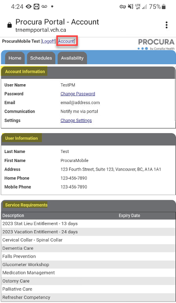 The Account Section – VCH Procura Help